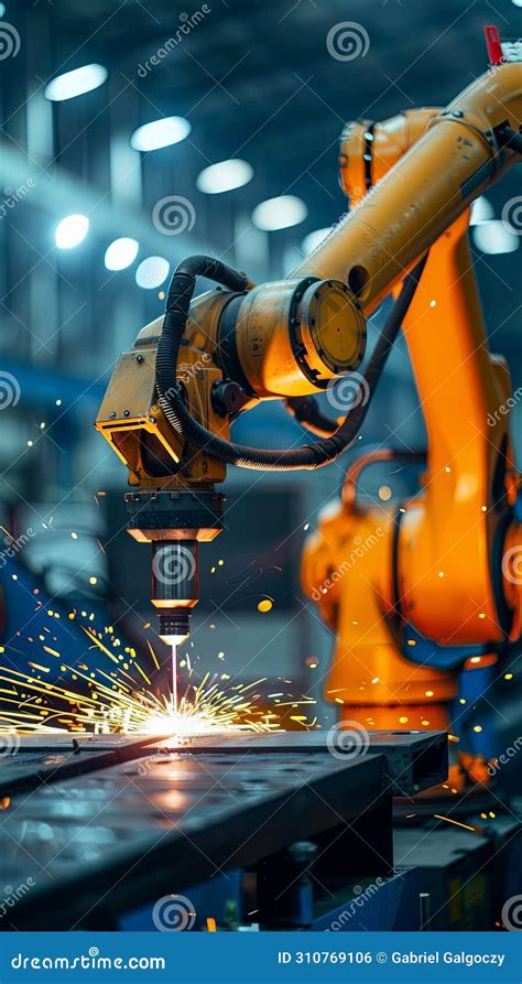 Closeup Of Metal Factory Machine Robot Welding And Cutting On Conveyor Belt In Factory Stock