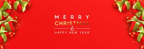 휴일 배너 메리 크리스마스와 새해 복 많은 새해 축제 물건 사실적인 빨간 선물 상자 바블 볼 반짝이 골드 색종이와 함께 Xmas 디자인 수평 포스터 웹 헤더 인사말 카드 0