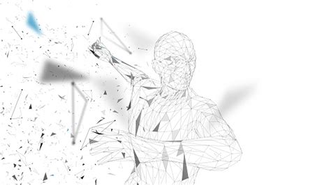 개념적 추상 남자는 강력한 펀치를 하 고 있다 입자 삼각형 점 선 연결 인공 지능 개념입니다 첨단 기술 벡터 디지털 배경입니다 3d 렌더링 벡터 일러스트 레이 션 사람들에