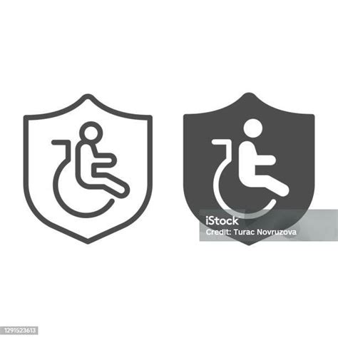 휠체어 보호 엠블럼 라인과 단단한 아이콘 장애 개념 흰색 배경에 휠체어 장애인 표지판 윤곽 스타일 휠체어 보호 엠블럼 아이콘
