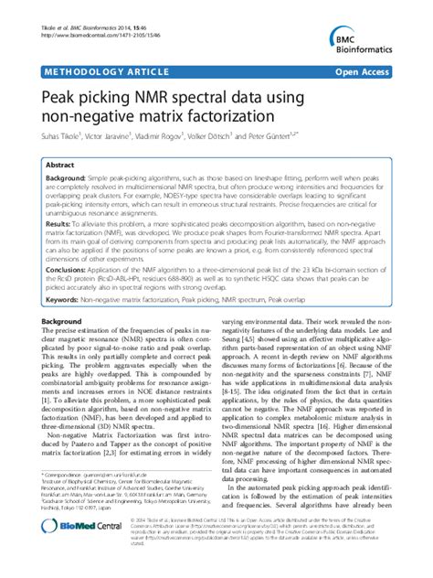 Pdf Peak Picking Nmr Spectral Data Using Non Negative Matrix Factorization
