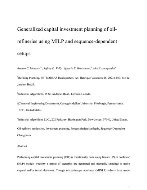 Generalized Capital Investment Planning Of Oil Refineries Using Milp And Sequence Dependent