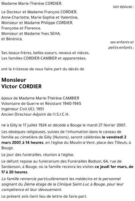 Avis De Décès De Victor Cordier Décédé Le 27022007 à Bouge Annonce Condoléances Fleurs