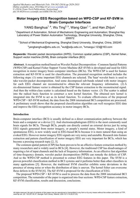 PDF Motor Imagery EEG Recognition Based On WPD CSP And KF SVM In Brain Computer Interfaces