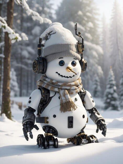 Premium Ai Image Snowman Robot At Winter Landscape