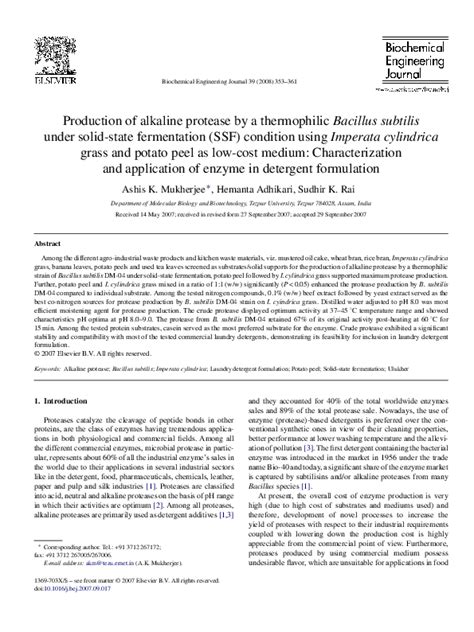 Pdf Production Of Alkaline Protease By A Thermophilic Bacillus Subtilis Under Solid State