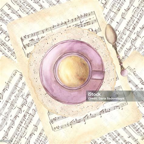 레이스 냅킨에 차 한 잔과 노트가 있는 오래된 페이지의 배경에 티스푼을 가진 빈티지 구성 수채화 그림입니다 로맨스 사랑 빈티지