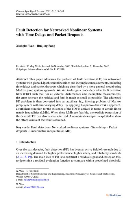 Pdf Fault Detection For Networked Nonlinear Systems With Time Delays