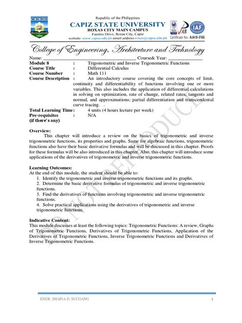 Module 8 Pdf Trigonometric Functions Derivative
