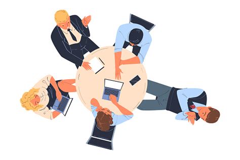 라운드 테이블에서 사무원과의 팀워크 브레인 스토밍 위의 프로젝트 토론 벡터 일러스트 레이 션 경영자에 대한 스톡 벡터 아트 및 기타 이미지 Istock