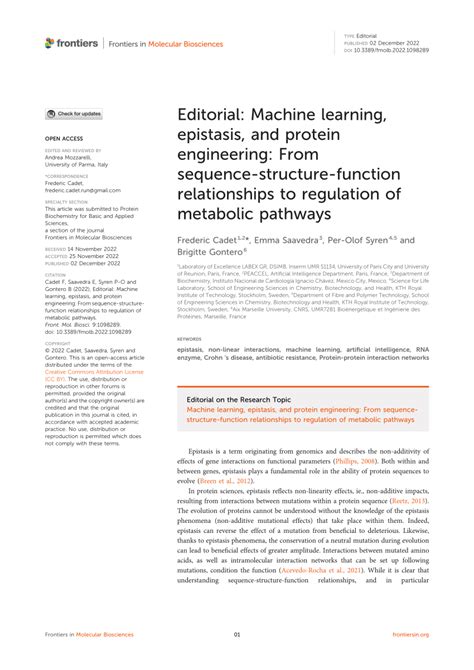 Pdf Editorial Machine Learning Epistasis And Protein Engineering