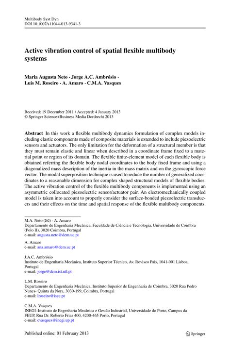 Pdf Active Vibration Control Of Spatial Flexible Multibody Systems