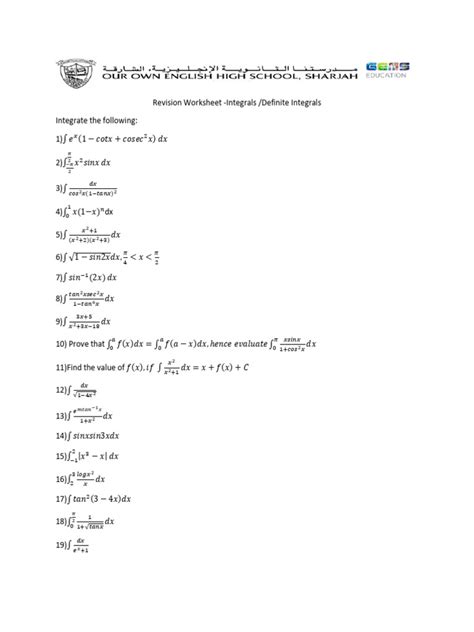Revision Worksheet Integrals Definite And Indefinite Pdf