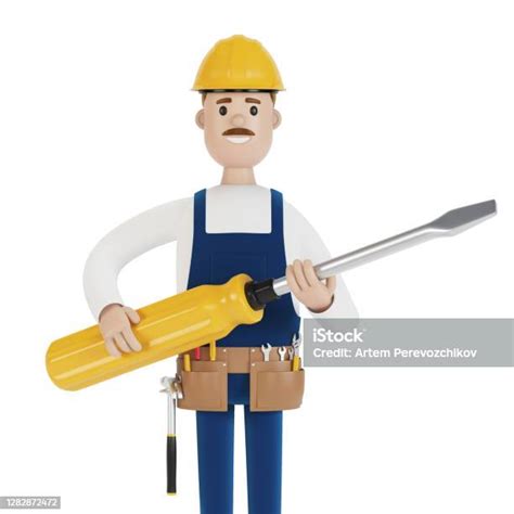 그의 손에 큰 드라이버와 전기 빌더 만화 스타일의 3d 일러스트레이션 0명에 대한 스톡 사진 및 기타 이미지 0명 건설 산업 건설업자 Istock