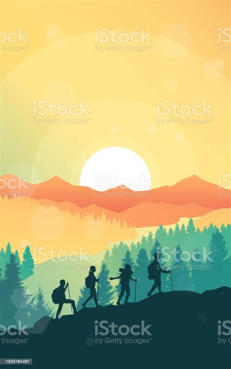 자연을 발견하고 탐험하고 관찰하는 여행 개념 하이킹 관광 모험 한 친구들이 산을 오르고 있다 팀워크 다각형 풍경 일러스트레이션 미니멀 한 플랫 디자인 걷기에 대한 스톡 벡터