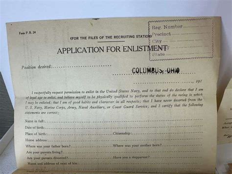 Wwi Us Navy Application For Enlistment ~ Unused Auction Ohio