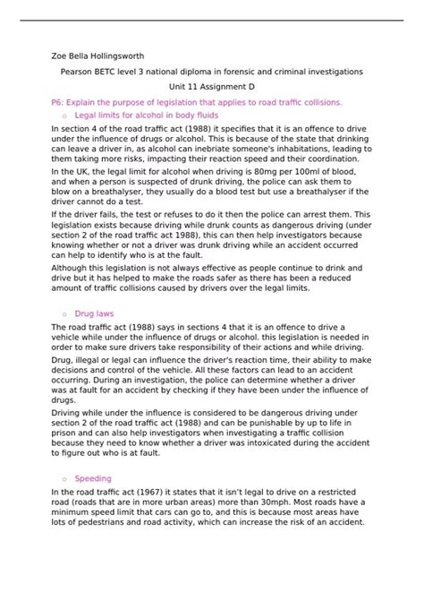 Unit 11 Assignment D Distinction Unit 11 Forensic Traffic Collision Investigation Stuvia Uk