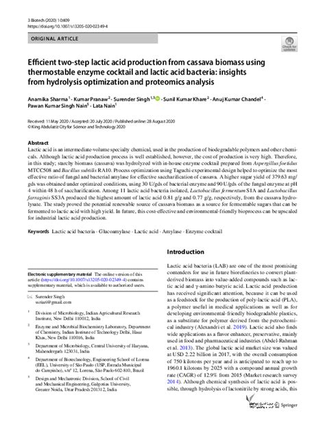 Pdf Efficient Two Step Lactic Acid Production From Cassava Biomass