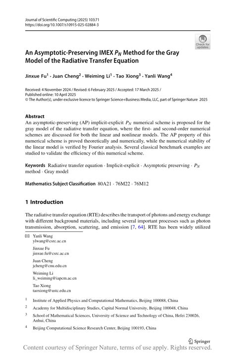 An Asymptotic Preserving Imex Pn Documentclass[12pt]{minimal} Usepackage{amsmath} Usepackage