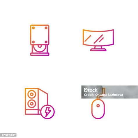 Set Line Computer Mouse Case Of Computer Optical Disc Drive And Monitor Screen Gradient Color