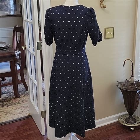 Dkny Dresses Dkny Navy Blue White Polka Dot Fitted Dress Short Sl Ruched Stretch Belt New
