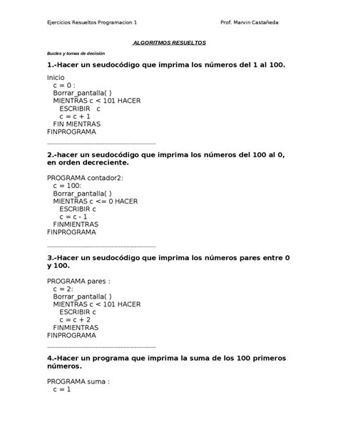 52 Ejercicios Resueltos En Pseudocodigo Ejercicios De Programación C Docsity