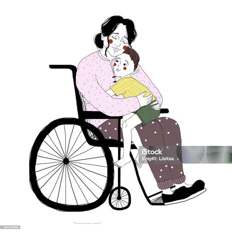 그녀의 무릎에 앉아 어린 소년을 포옹 하는 휠체어 장애인된 여자의 그림 사랑이 있는 어머니와 아들 흰색 배경에 고립의 쌍입니다 사랑 스러운 엄마와 아이 행복 한 가족