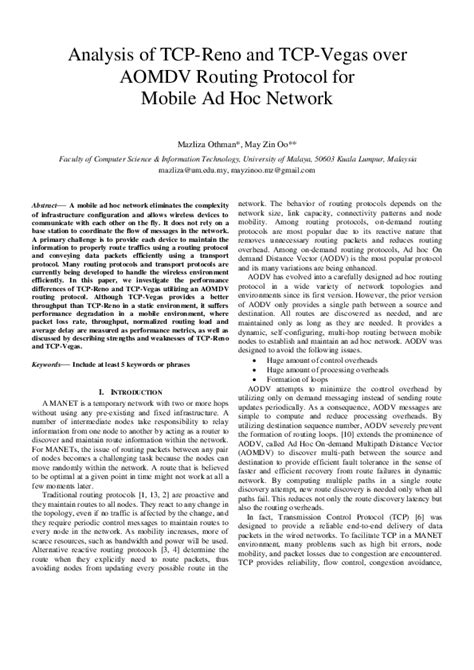 Pdf Analysis Of Tcp Reno And Tcp Vegas Over Aomdv Routing Protocol