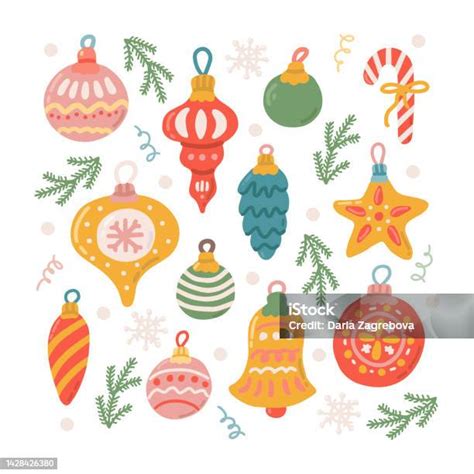 크리스마스 트리 장난감 세트 플랫 스타일의 벡터 일러스트레이션 엽서 포스터 장식 장난감 가게에 대한 스톡 벡터 아트 및 기타 이미지 장난감 가게 플랫 디자인 12월