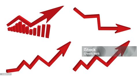흰색 배경에 고립 된 빨간색 3d 큰 아래쪽 화살표 기호 세트 인플레이션 막대 차트 그래프 상승 가격 금융과 경제 시장 세계 경제 위기 개념 불황 인포그래픽 아이콘 화살표에