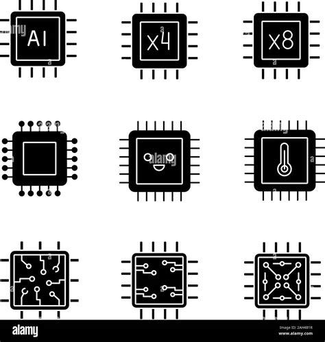 Processors Glyph Icons Set AI Chip Quad Octa Core Processors Integrated Circuit