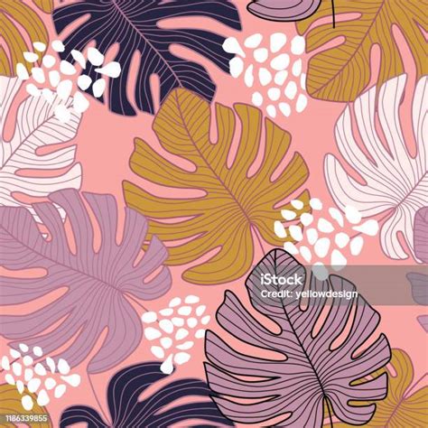 분홍색 배경에 창조적 인 몬스터 잎 원활한 패턴 0명에 대한 스톡 벡터 아트 및 기타 이미지 0명 검은색 꽃 식물