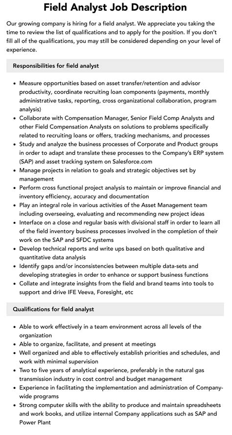 Field Analyst Job Description Velvet Jobs