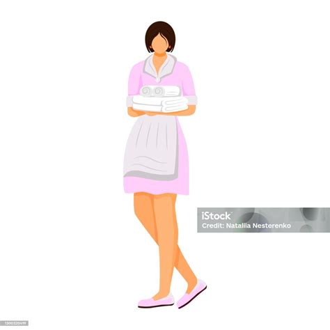 호텔 하우스 키퍼 플랫 컬러 벡터 일러스트 제복을 입고 접힌 수건을 들고 있는 하녀 룸 승무원 하우스 키핑 노동자 흰색 배경에 청소 서비스 직원 고립 만화 캐릭터 가공의