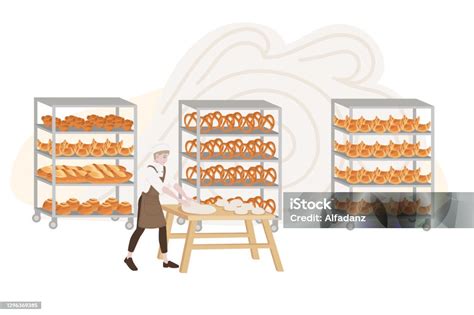 베이커리 제조업체 남성 요리사 요리사 베이킹 트레이와 빵 트레이 전문 베이커리 만화 캐릭터 디자인 평면 벡터 일러스트와 흰색 배경 만화에 대한 스톡 벡터 아트 및 기타