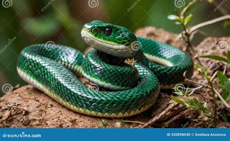 Very Closeup Side View Head Of Green Tree Python Morelia Viridis Also Known As The Emerald Green