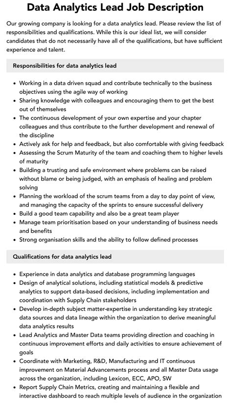 Data Analytics Lead Job Description Velvet Jobs
