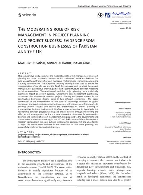 Pdf The Moderating Role Of Risk Management In Project Planning And Project Success Evidence
