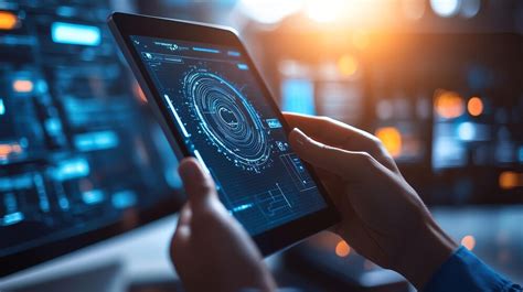 A Person Interacts With A Modern Tablet Displaying Interactive Technology And Data