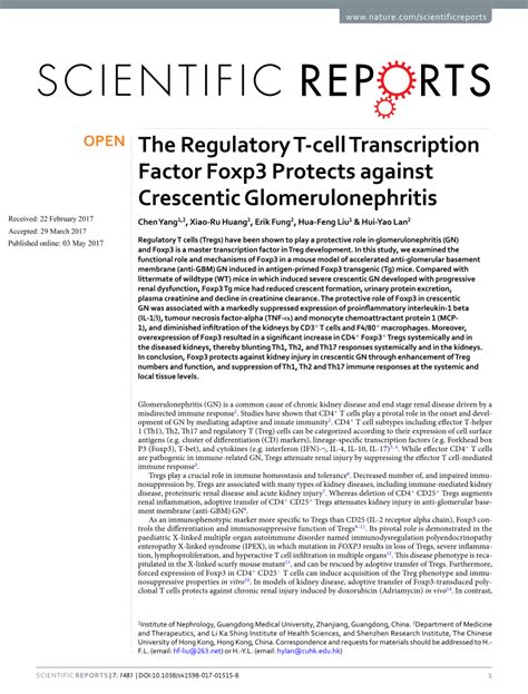 Pdf The Regulatory T Cell Transcription Factor Foxp3 Protects Against Crescentic