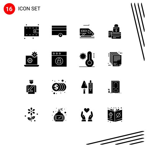 Pack Of 16 Modern Solid Glyphs Signs And Symbols For Web Print Media Such As Setting Laptop