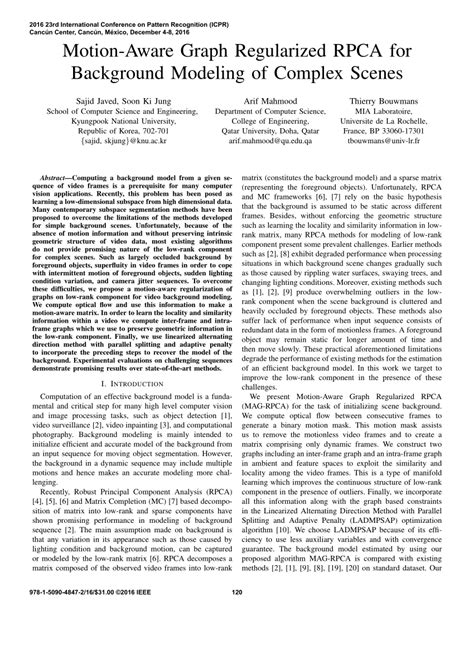 PDF Motion Aware Graph Regularized RPCA For Background Modeling Of Complex Scenes