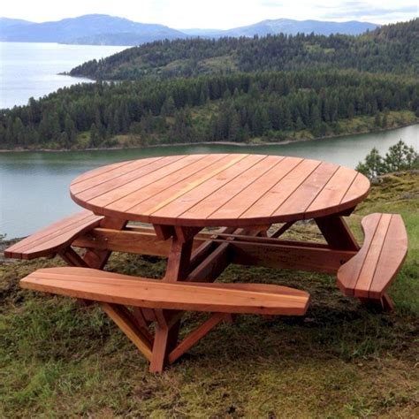 Round Picnic Table Options 6 Diameter Attached Benches Redwood
