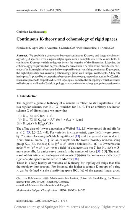 Pdf Continuous K Theory And Cohomology Of Rigid Spaces