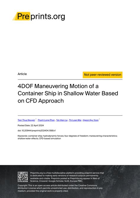 Pdf 4dof Maneuvering Motion Of A Container Ship In Shallow Water Based On Cfd Approach