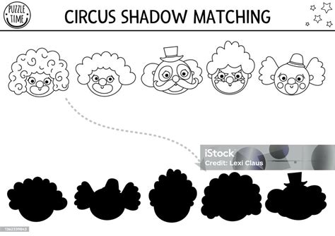 귀여운 광대 얼굴과 서커스 흑백 그림자 일치 활동 놀이 쇼 라인 퍼즐 올바른 실루엣 인쇄 가능한 워크시트 또는 게임을 찾으십시오