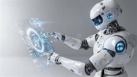 Humanoid Robot Interacts With Holographic Display In A Futuristic Lab Environment Stock