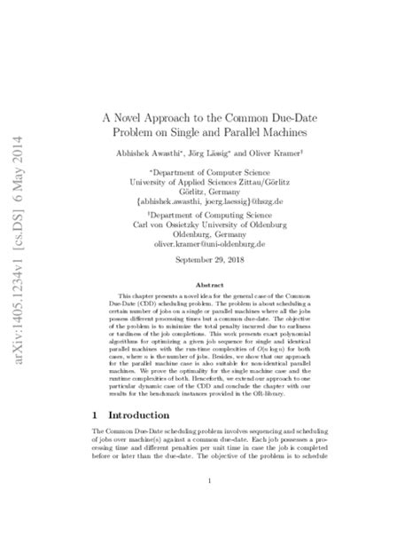 Pdf A Novel Approach To The Common Due Date Problem On Single And Parallel Machines