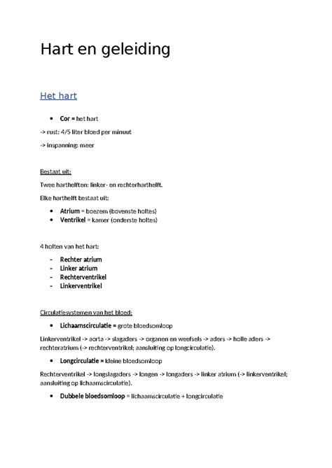 Hart En Geleiding Summary Leefstijl Gezondheid Fysiologie Hart En Geleiding Het Hart Cor