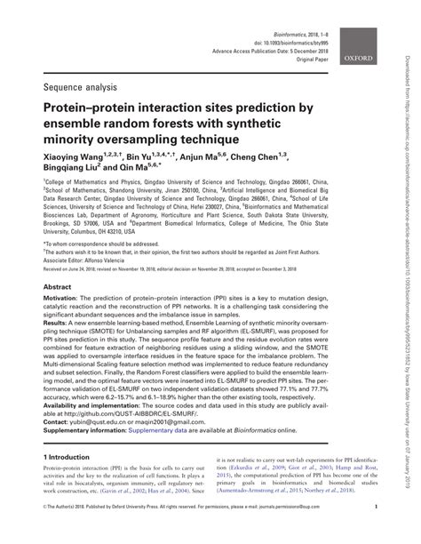 Pdf Protein Protein Interaction Sites Prediction By Ensemble Random Forests With Synthetic